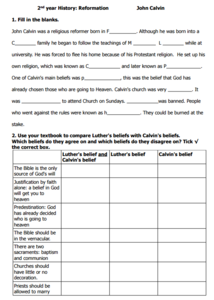 John Calvin and his Beliefs - Worksheet - Scoilnet